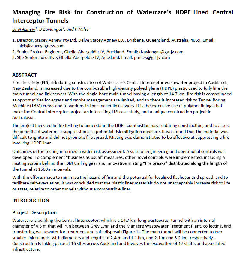 Managing Fire Risk for Construction of Watercare’s HDPE-Lined Central Interceptor Tunnels ...
